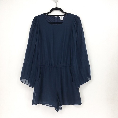 Bar III Women S Romper Black Iris Navy Blue Pleated Long Sleeves ...