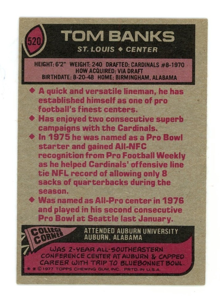 1977 Topps Tom Banks #520 AUTOGRAPHED NFL St. Louis Cardinals Trading ...