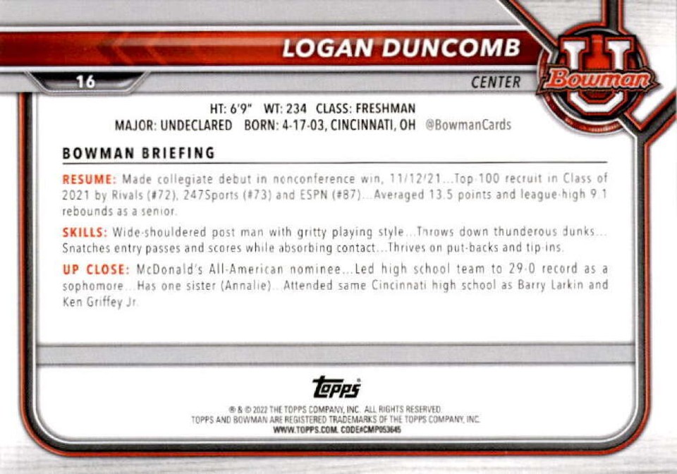 LOGAN DUNCOMB RC 2021-22 Bowman University Basketball #16 ROOKIE NBA AR ...