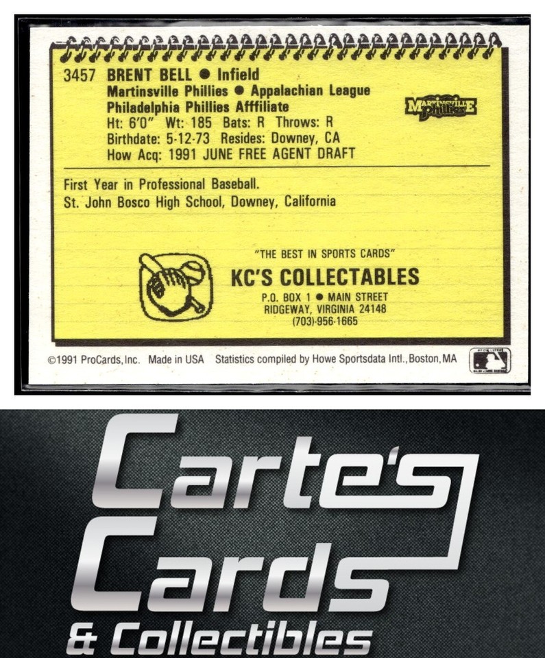 Brent Bell 1991 ProCards #3457 Martinsville Phillies | eBay