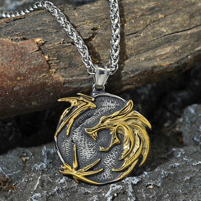 Gold Witcher Wolf Pendant Necklace Stainless Steel Punk Biker Jewelry ...