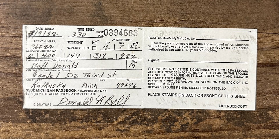 1982 **MICHIGAN** Fishing Trout & Salmon Stamp Permit License | eBay