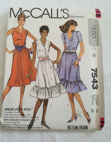 McCall's 7543 Vintage Pattern Misses Button Front Bodice Dress Sz 14 ...