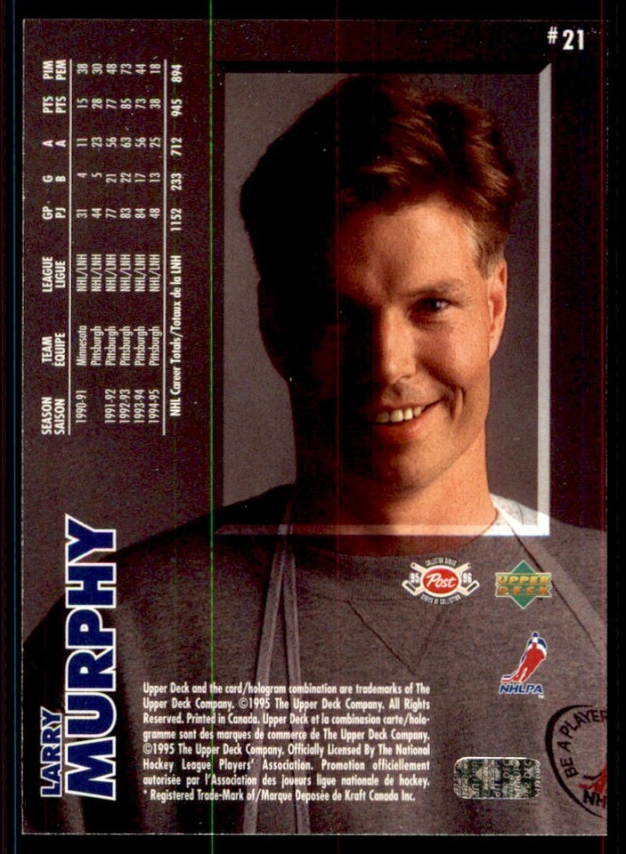 1995-96 Upper Deck Post Cereal Larry Murphy Pittsburgh Penguins #21 ...