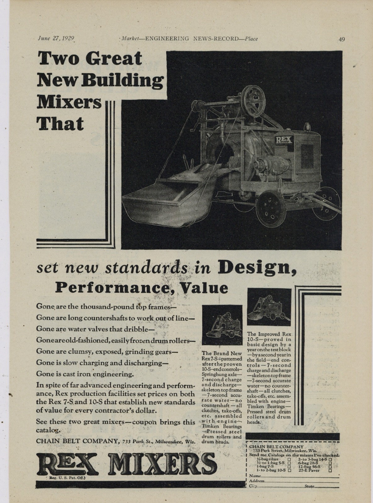 1929 Chain Belt Co. Ad: Rex 7-S and 10-S Mixers - Milwaukee, Wisconsin ...