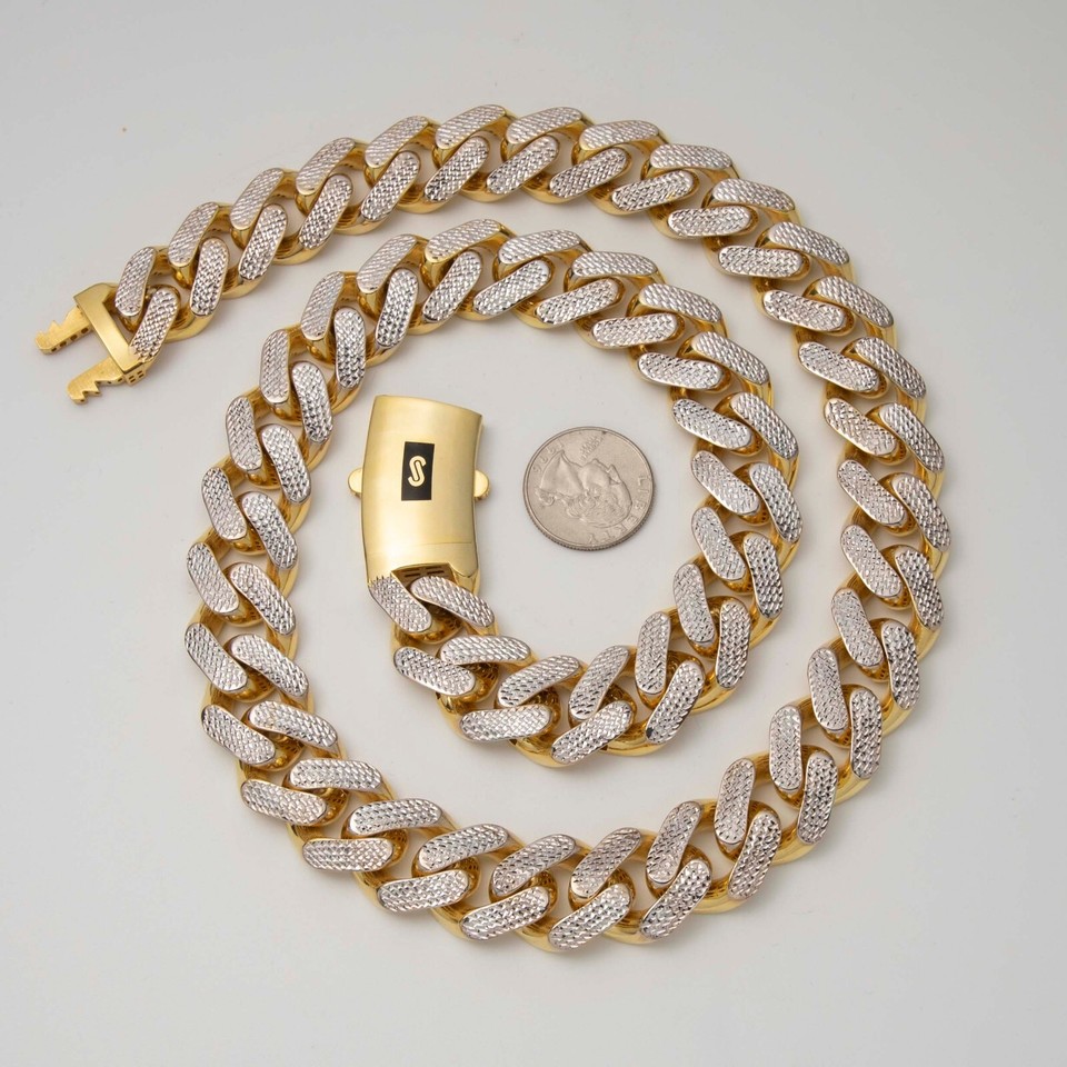 20mm Miami Cuban Diamond Cut Link Chain Two-Tone Real 10K Yellow White ...