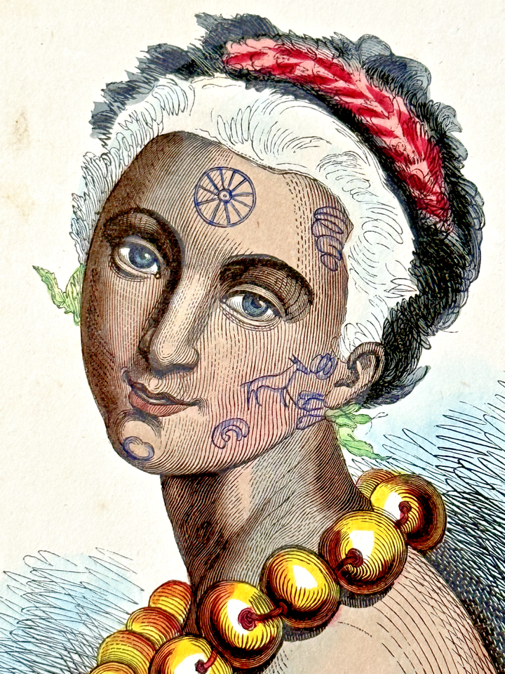 Engraving 19th Queen Hawai Tattoos Jacques Arago Portrait Woman Islands ...