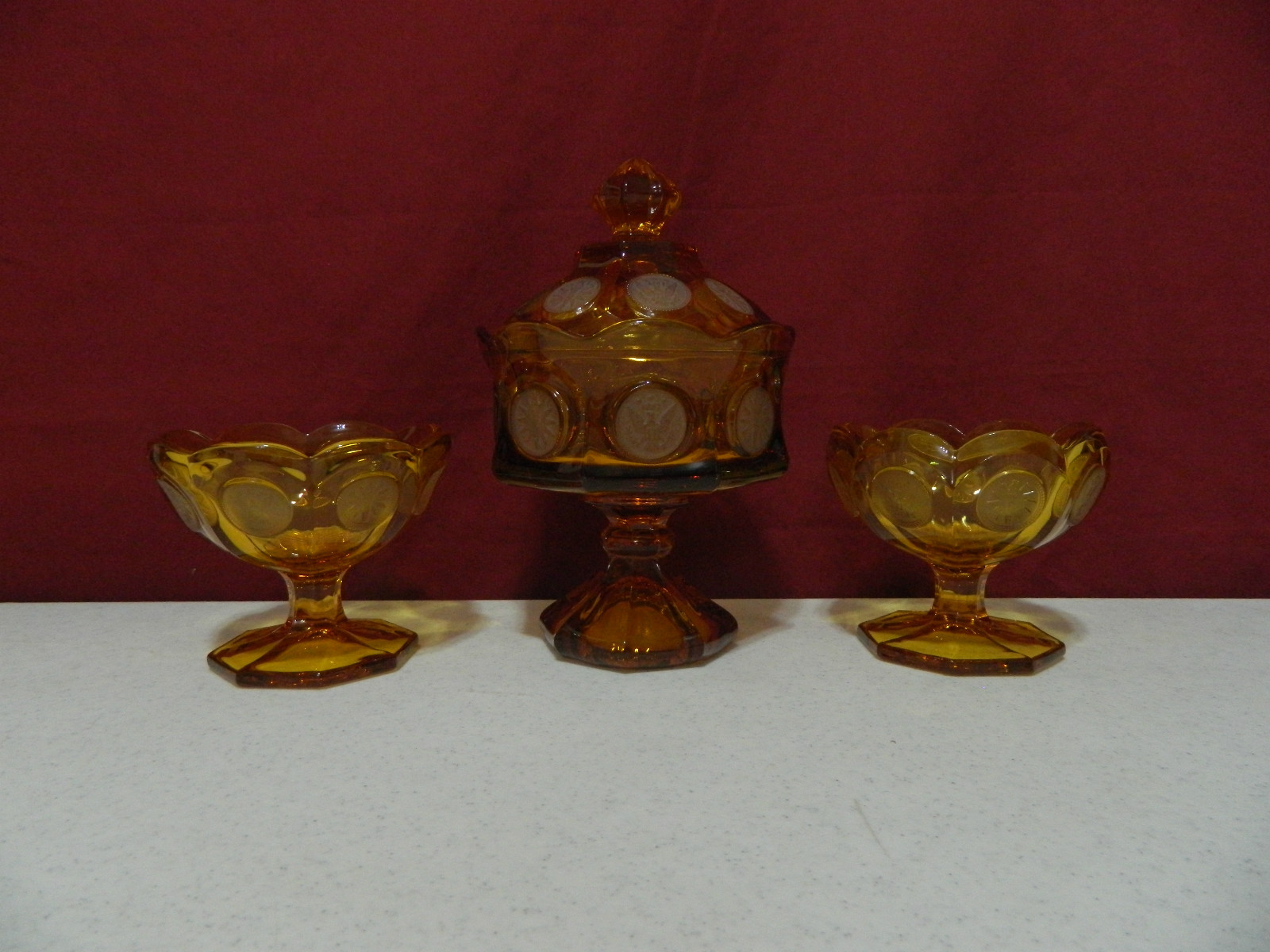 Fostoria Coin Glass Glassware Set Amber 2 Open 1 Covered Compote | eBay