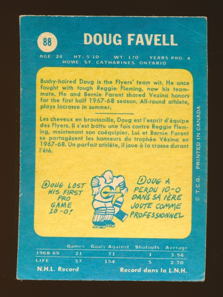 1969-70 O-Pee-Chee #88 Doug Favell ROOKIE Philadelphia Flyers card AB ...