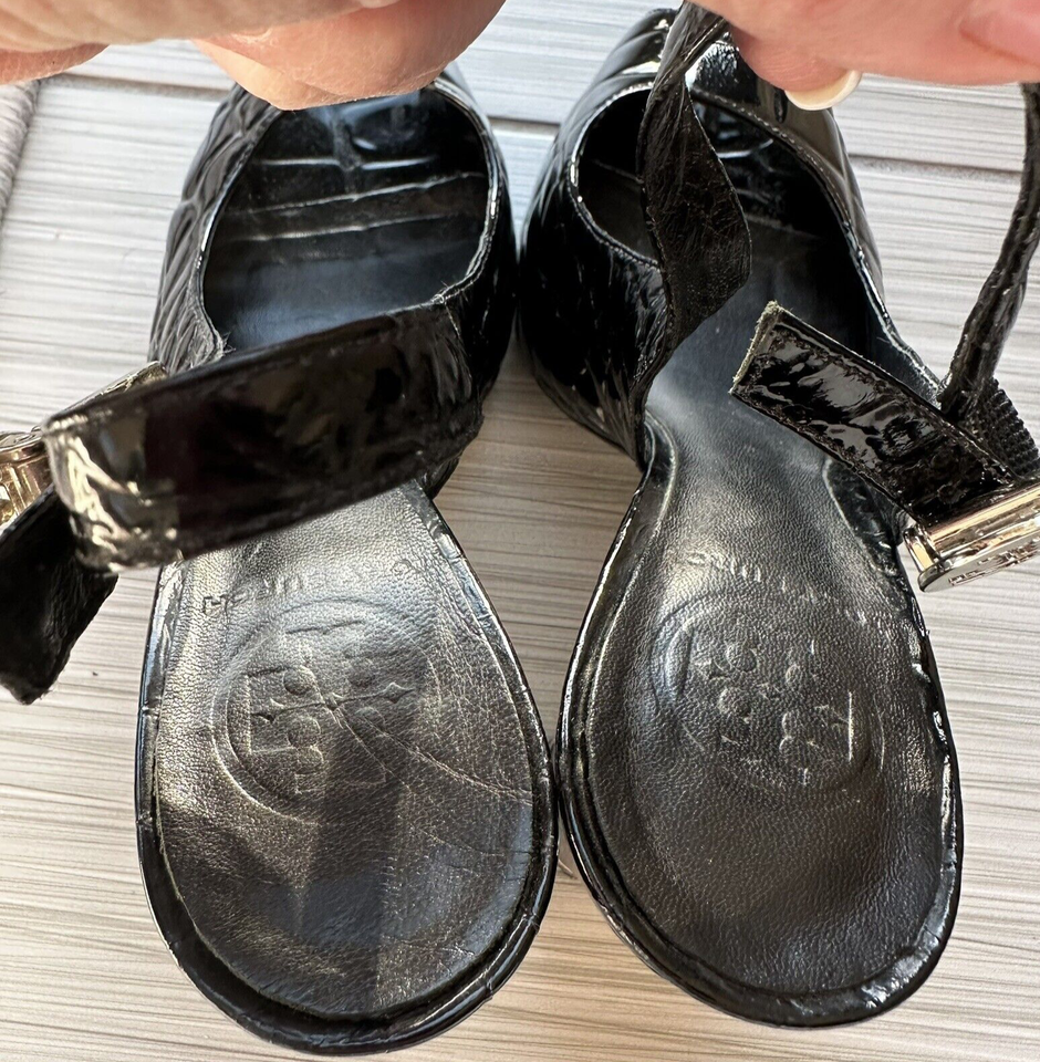 EUC TORY BURCH Allison Crocs Black Patent Leather Peep Toes Slingback ...