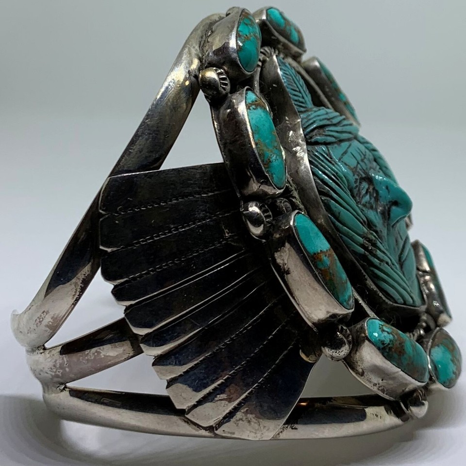 Carved Turquoise Native American Brave + Stones 925 Silver Cuff ...