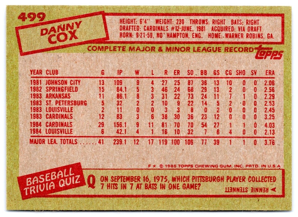 DANNY COX 1985 TOPPS 85 NO 499 NRMINT+ 33395 | eBay