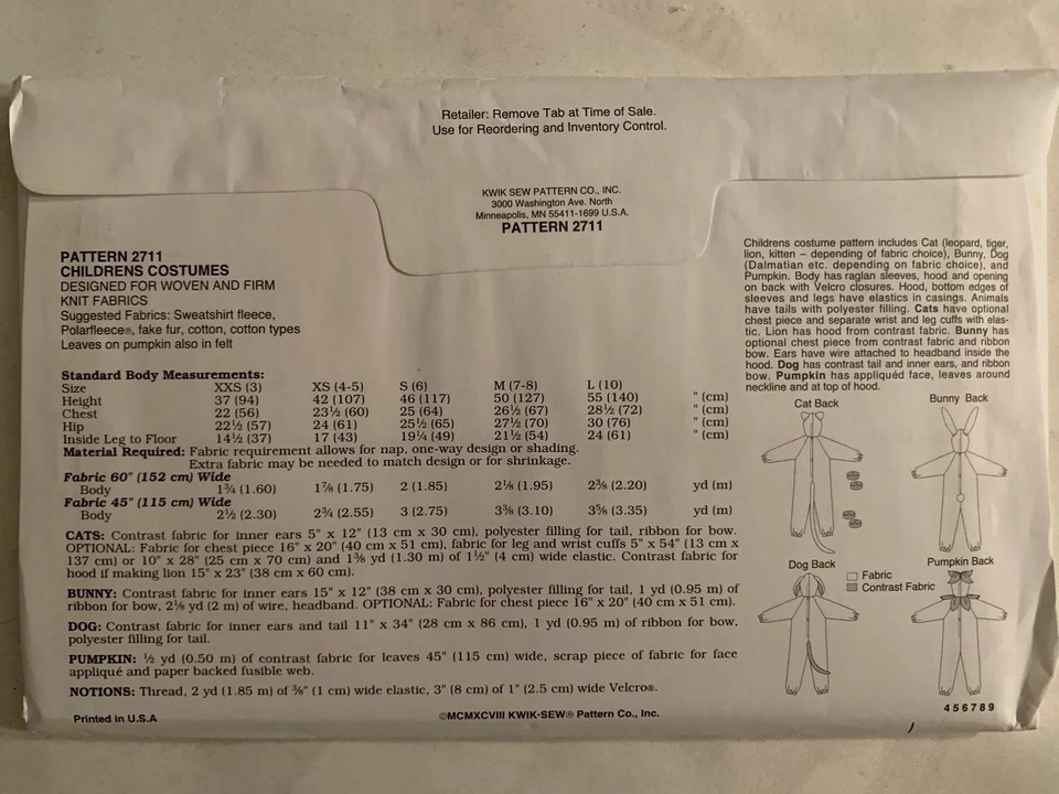 Kwik Sew Pattern 2711 KIDS Bunny Pumpkin Lion Costume Sizes 3-10 ...