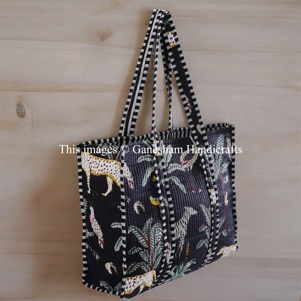 Indian Tote Bags Quilted Handmade Cotton Block Large Shoulder Shopping ...