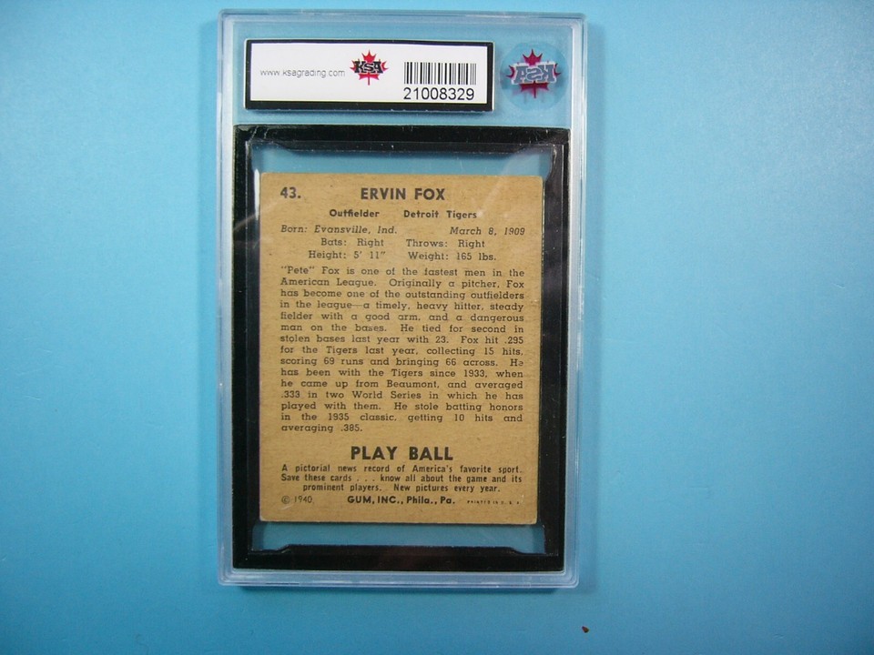 1940 PLAY BALL GUM INC. MLB BASEBALL CARD #43 PETE ERVIN FOX KSA 6 EX/NM '40 GL | eBay