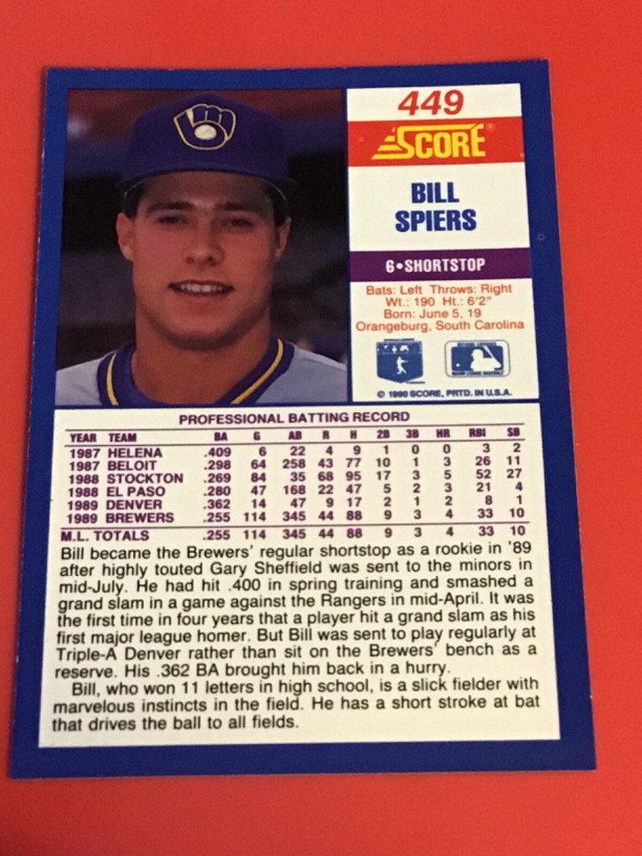 1990 Score Bill Spiers Error card Missing Birth Date Milwaukee Brewers ...