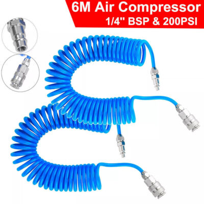 2x 6M 1/4" Flexible Compressor Air Line Hose Recoil 6 Metre Coiled For ...