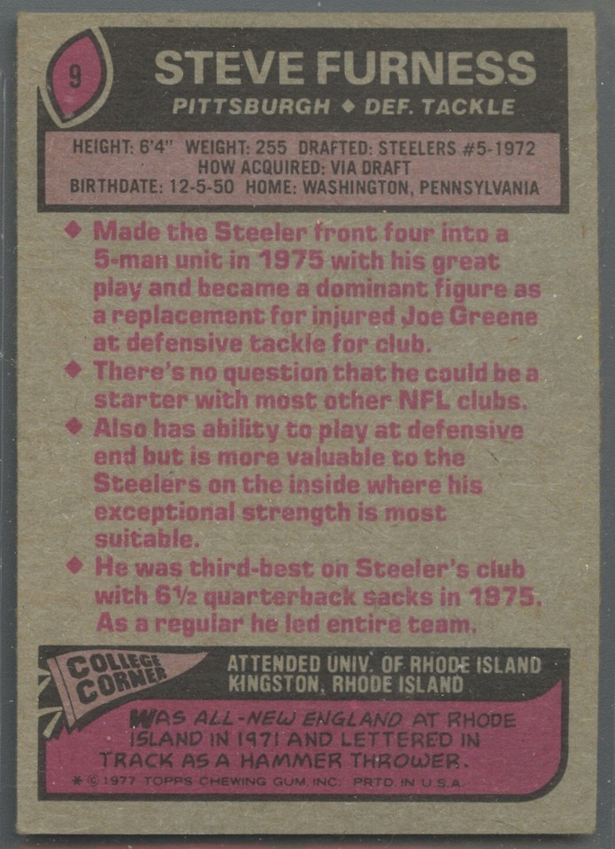 1977 Topps #9 Steve Furness Pittsburgh Steelers | eBay