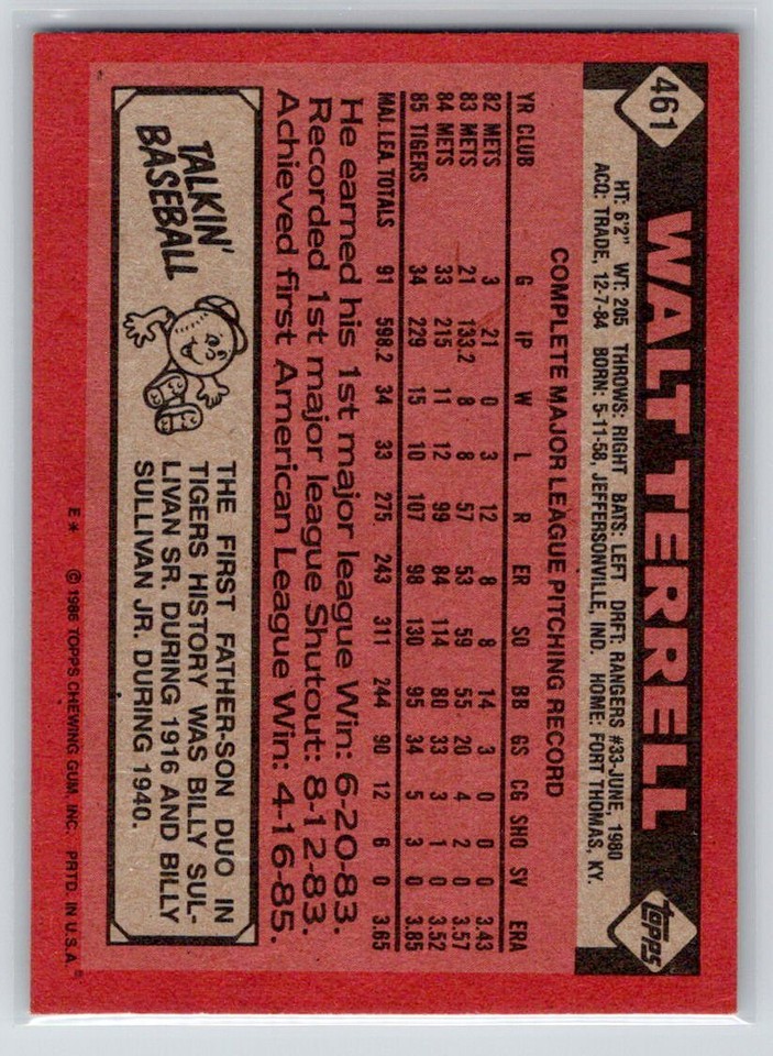 Walt Terrell 1986 Topps #461 Detroit Tigers | eBay