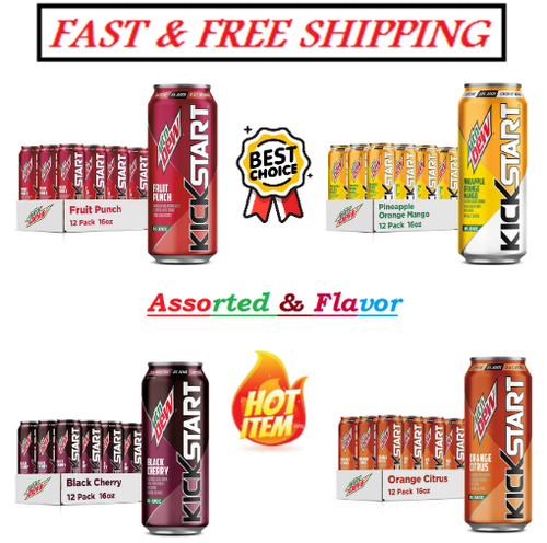 Mountain Dew Kickstart, 92mg Caffeine, 16 Fl Oz (Pack of 12), Assorted ...