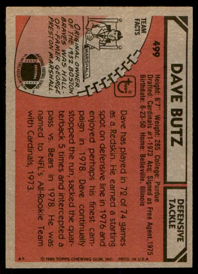1980 TOPPS FOOTBALL NFL 3 DAVE BUTZ WASHINGTON REDSKINS #499 | eBay