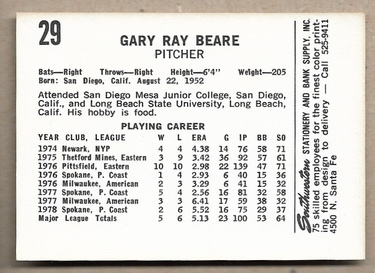 1979 Oklahoma City 89ers Gary Ray Beare Card - Nr Mt - Free Shipping | eBay