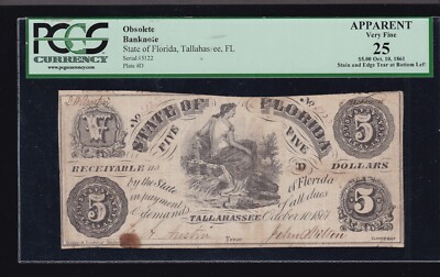 US 1861 $5 State of Florida Tallahassee Obsolete Currency PCGS 25 Appr ...
