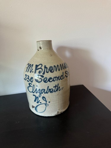 19th C. Antique Stoneware Jug ~ M. Brenner, 230 Second St., Elizabeth N ...