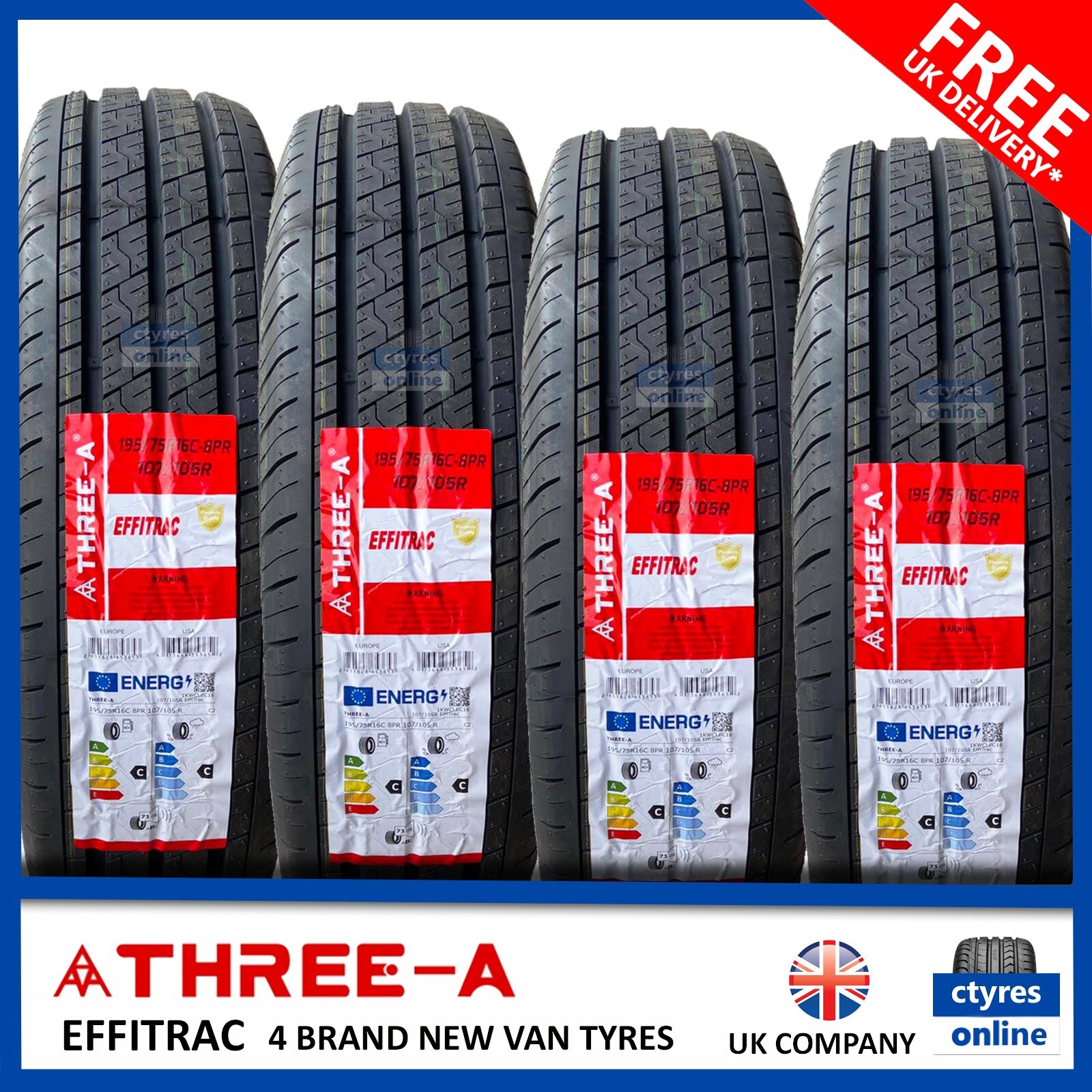 4X New 195 75 16 195/75R16c VAN TYRES 107/105R THREE-A EFFITRAC *C/C ...