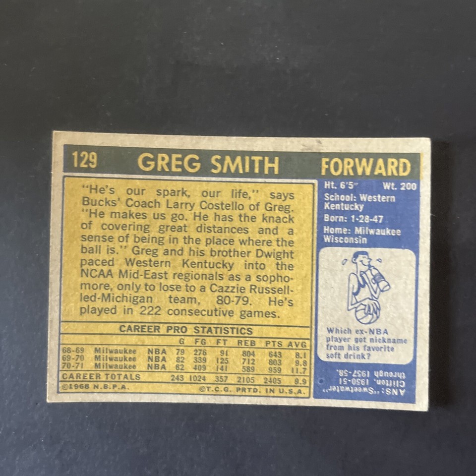1971-72 Topps Basketball #129, Greg Smith, Milwaukee Bucks | eBay