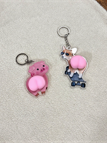 2 Pack Fidget Squishy Butt Keychains, 3-4", Pink Pig & Cool Dog, NWOT ...
