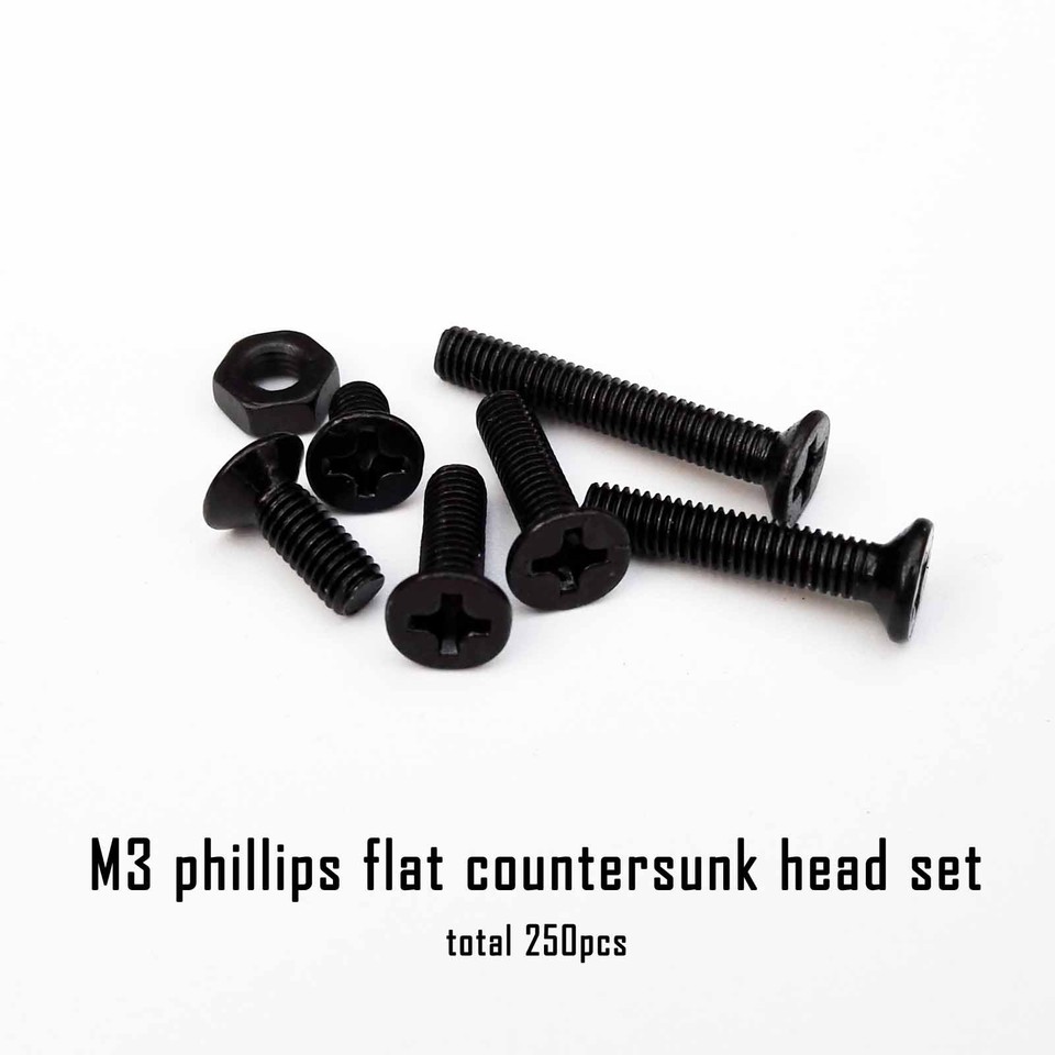 250pcs Assortment Kit Black Steel Metric Thread M3 Phillips Head Screw ...
