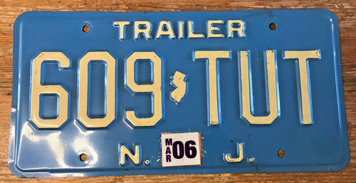 New Jersey License Plate 609-TUT N.J. Trailer Tags Plates Blue Yellow ...