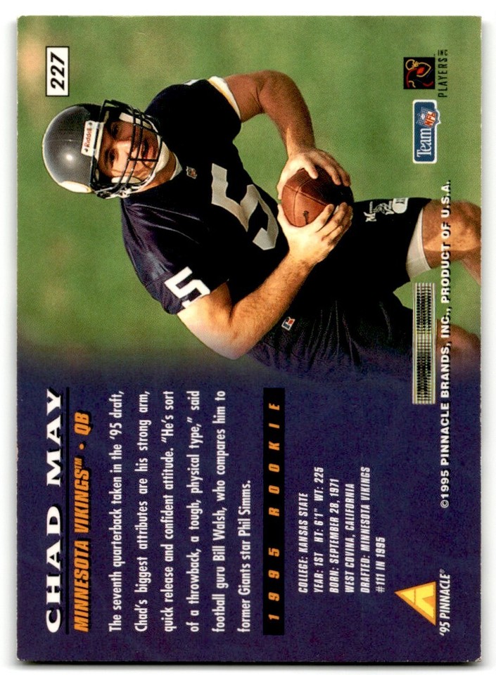 1995 Pinnacle Rookie Chad May Rookie Minnesota Vikings #227 | eBay
