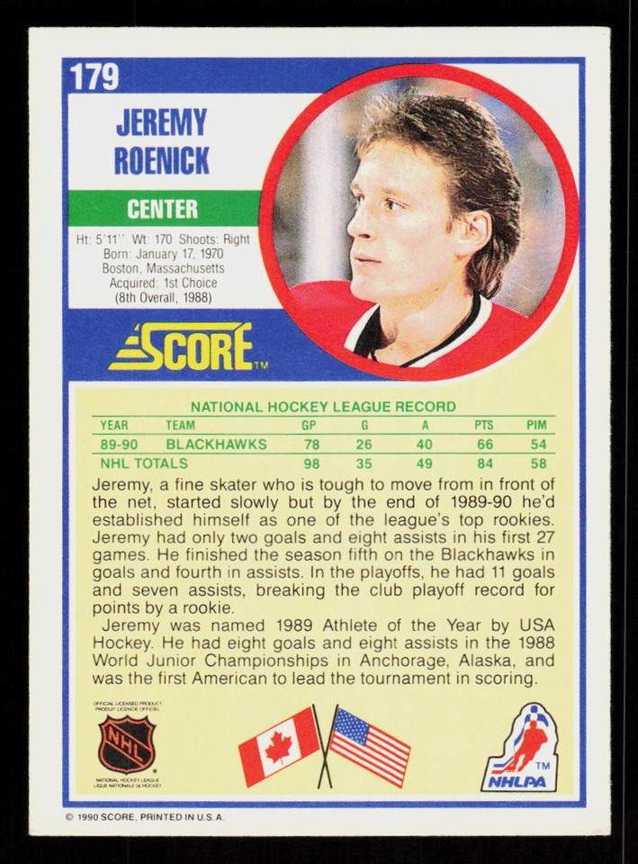 1990 Score American Jeremy Roenick #179 Hockey Rookie Chicago ...