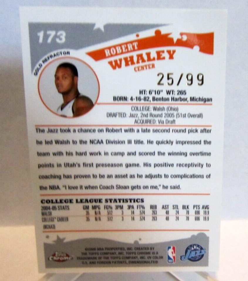 ROBERT WHALEY RC 2005-06 TOPPS CHROME GOLD REFRACTOR ROOKIE#25/99!JAZZ ...