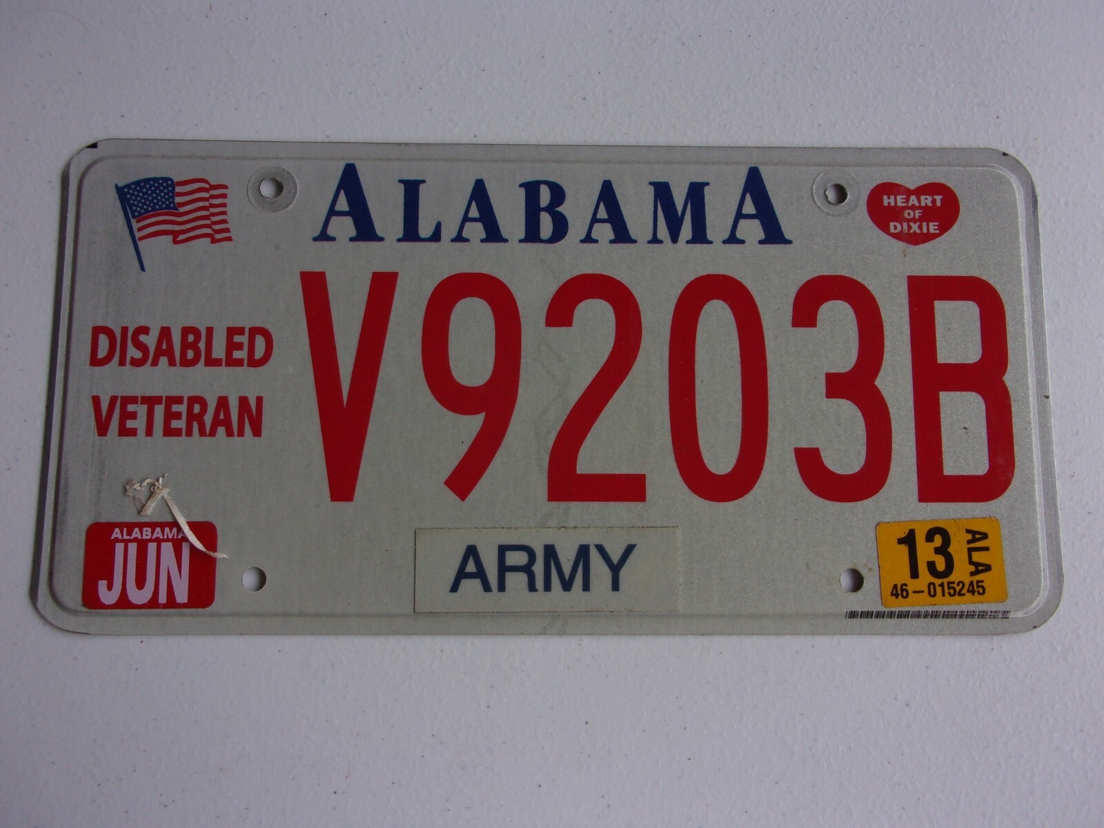 Alabama 2013 Army Disabled Veteran license plate # V9203B | eBay