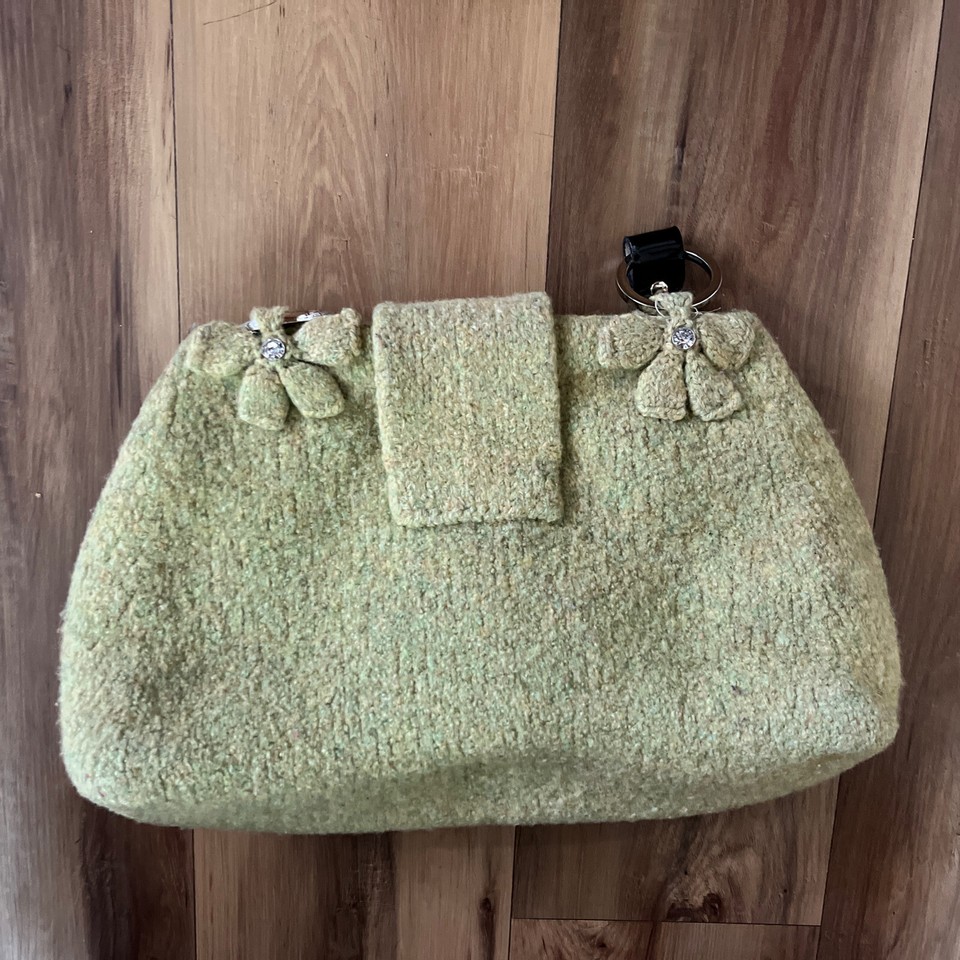 Hand Knit Felted Green Twee Frame Purse Felted Embellished Flowers Turn ...