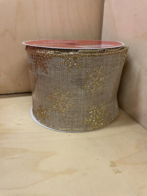 Celebrate It Christmas Wired Ribbon Tan Burlap Glitter Snowflakes 3.5in ...