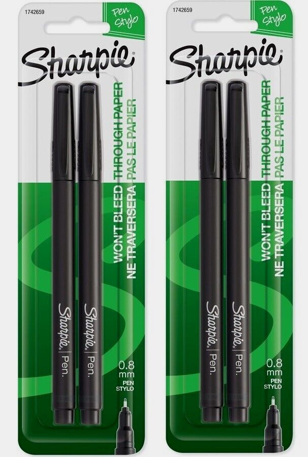 2 ~ Sharpie PEN Stylo Black 2pk Fine Point NO BLEED Water/Smear Resist ...