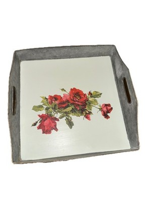 Galvanized metal Hand Painted light gray Serving Tray with red roses ...