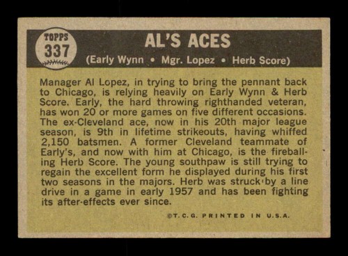 1961 Topps #337 Al Lopez/Herb Score/Early Wynn Al s Aces EX X2744047 | eBay