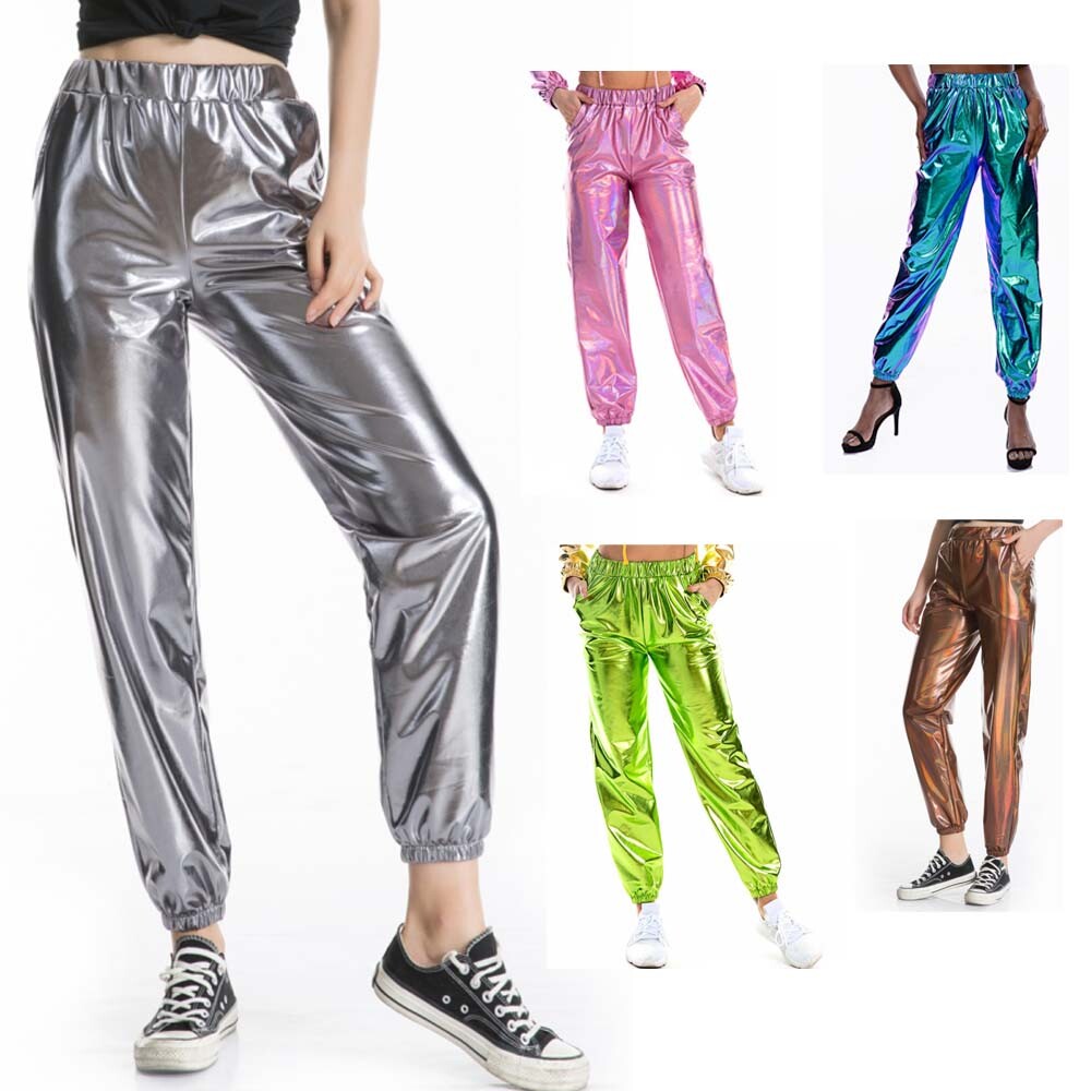 Women Shiny Holographic Pants Loose Metallic Trousers Dance Streetwear ...