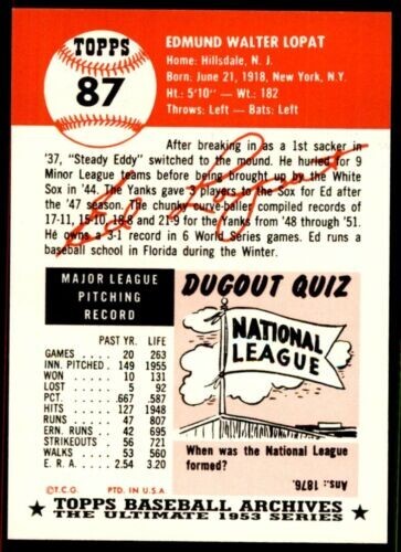 1991 TOPPS ARCHIVES 1953 ED LOPAT . NEW YORK YANKEES #87 | eBay