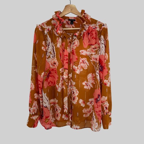 Ann Taylor Poppy Ruffle Collar Sheer Blouse Tie Neck sz M Romantic Boho ...