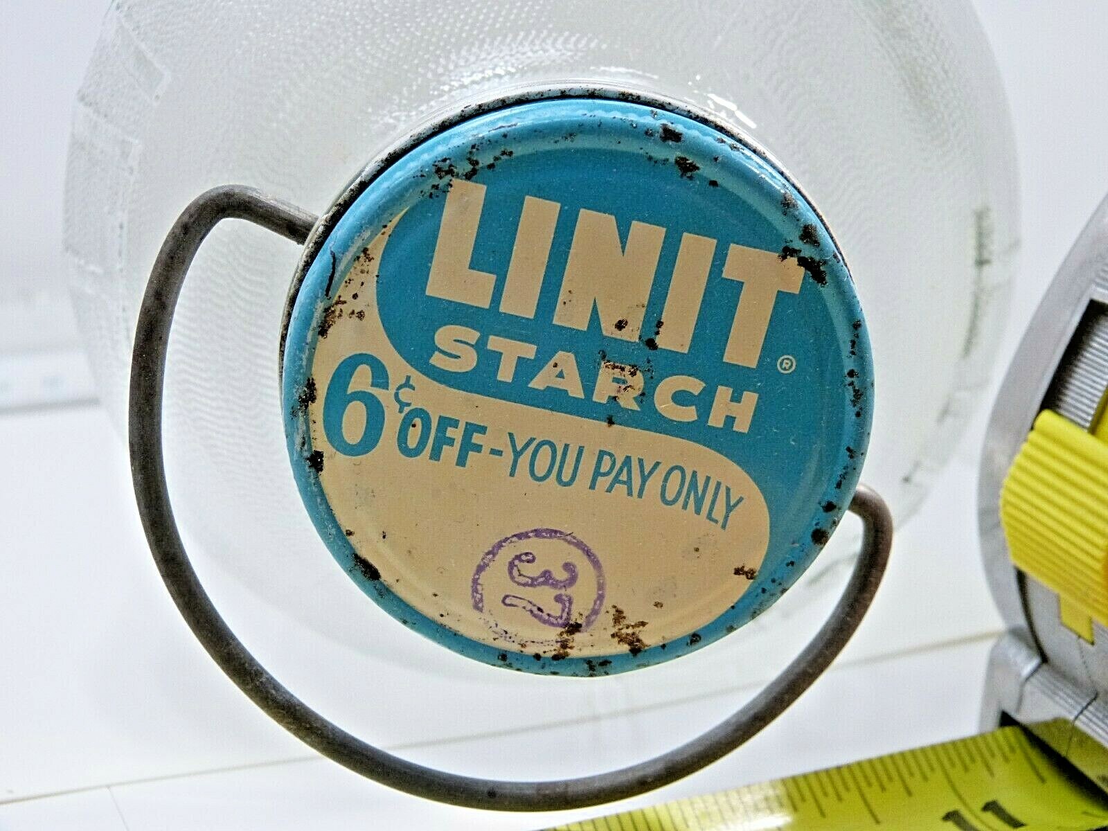 VINTAGE LINIT STARCH 1/2 GALLON GLASS BOTTLE W/BAIL HANDLE with BLUE ...