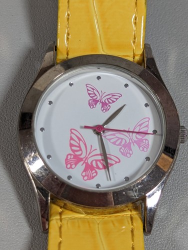 Pink Purple Butterfly Silver Tone Round Case Yellow Band Watch | eBay