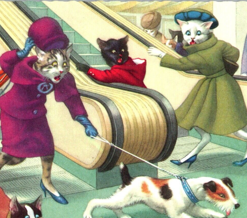 Vintage Alfred Mainzer Anthropomorphic Cats Escalator Dog Rats Postcard ...