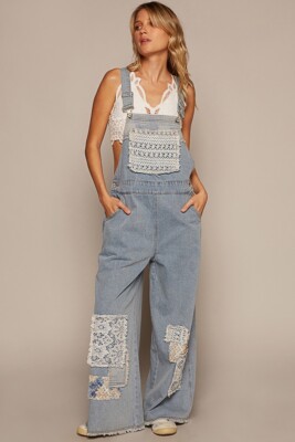 Lace Patchwork Wide Leg Denim Overalls - Pol | eBay