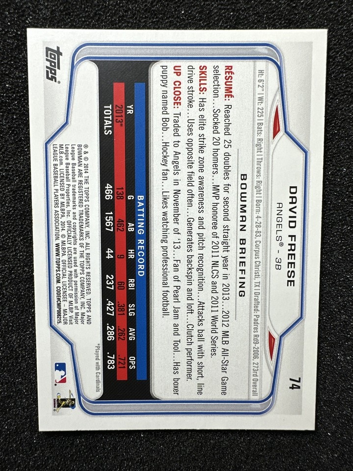 DAVID FREESE #74 2014 Bowman Baseball QTY Los Angeles Angels | eBay